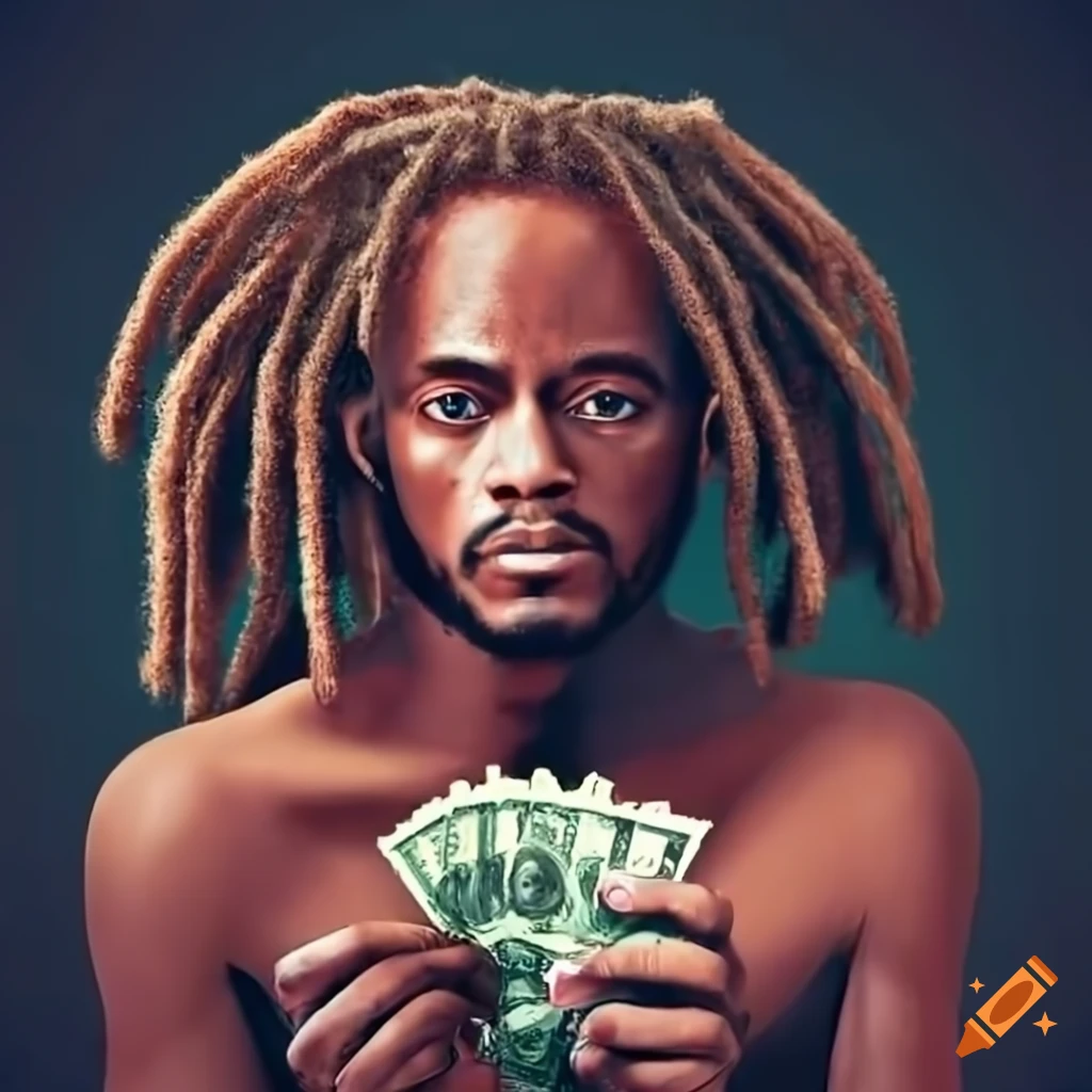 Young man with dreads holding money on Craiyon