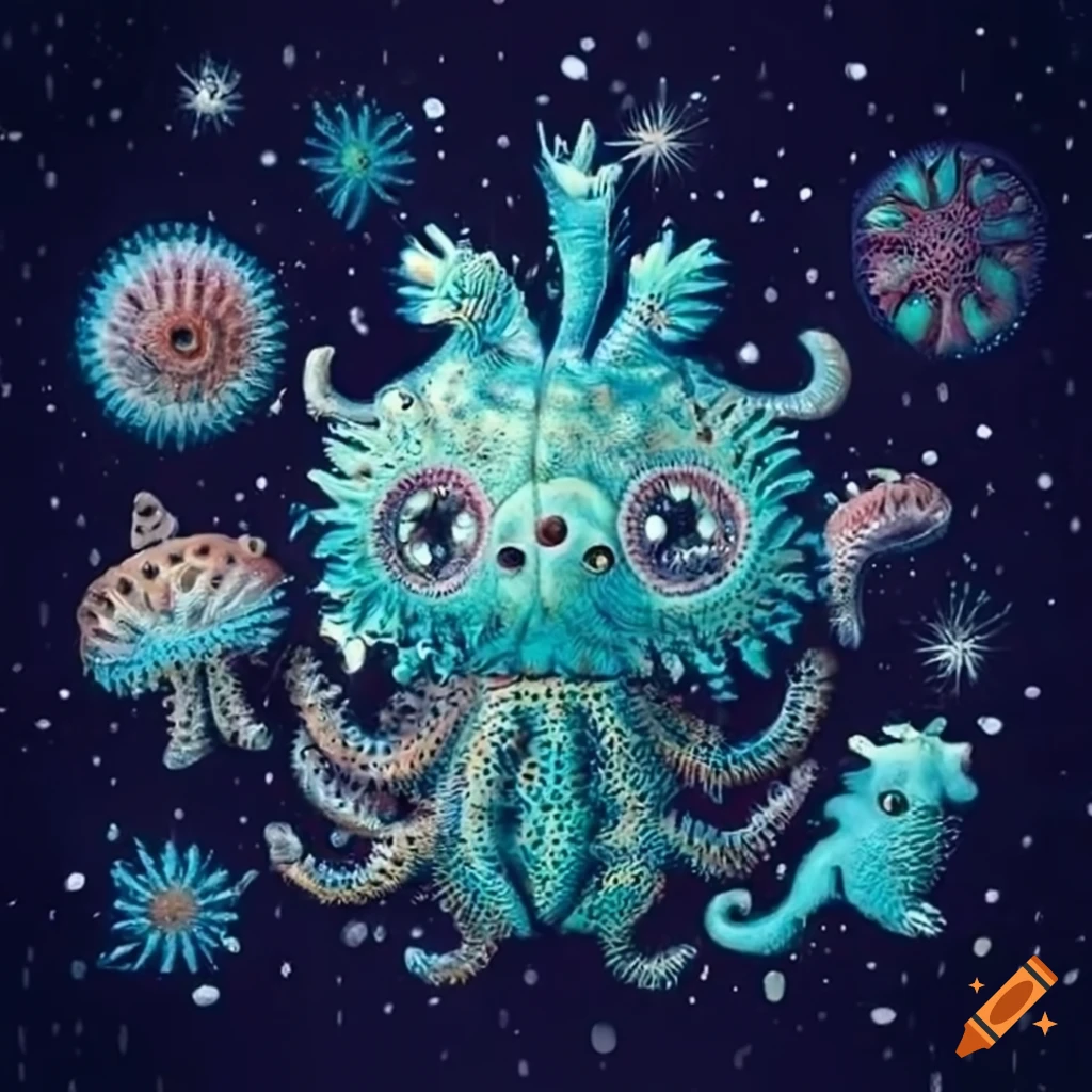 Artistic depiction of cute creatures in snowy village