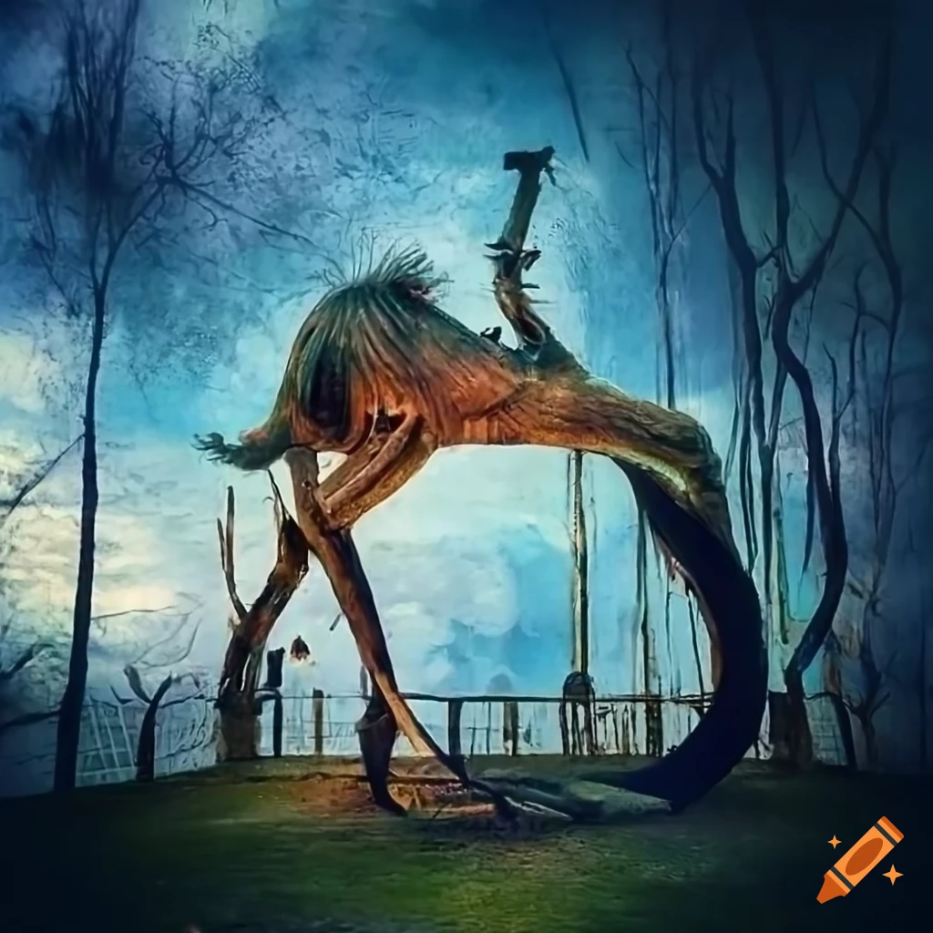 Surrealist circus park with hybrid creatures and graffiti on Craiyon