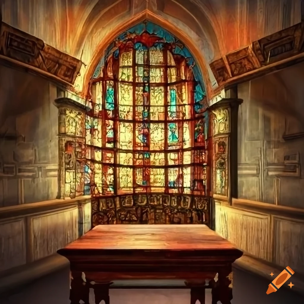 View from a wooden table to a mysterious room in an ancient castle on ...