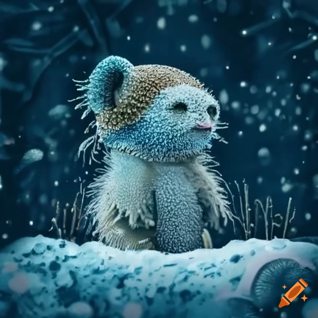 Illustration of cute creatures in snow near villages on Craiyon