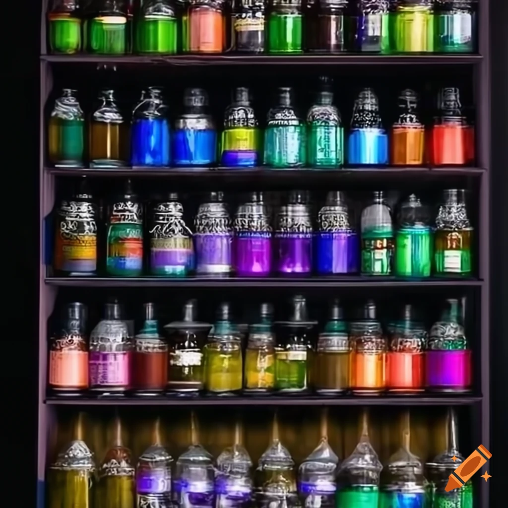 Brightly colored magic potions on shelves on Craiyon