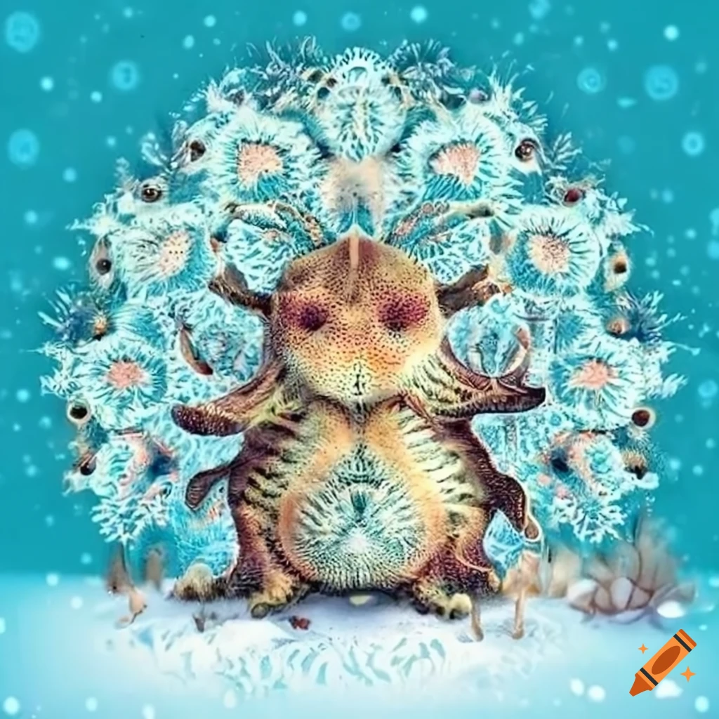 Illustration of cute creatures in falling snow on Craiyon