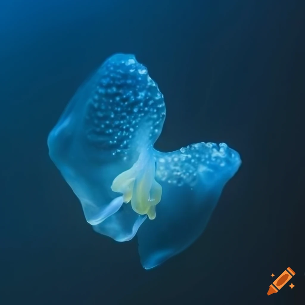 Translucent orchid sea creature in dark blue underwater scene