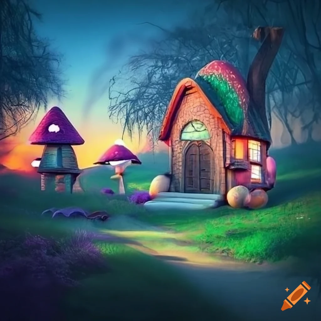 Artwork of whimsical mushroom houses and fairies on Craiyon