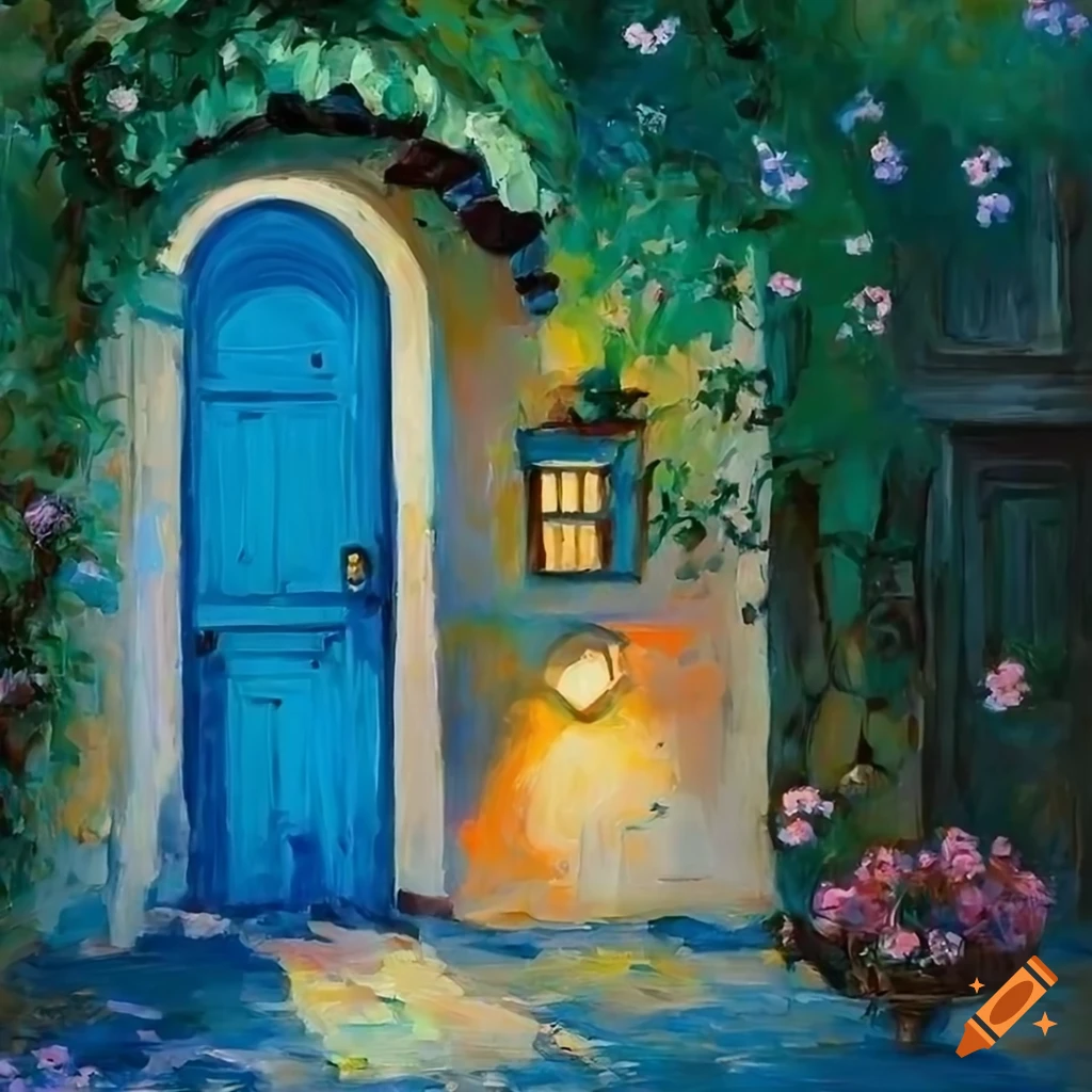 Impressionist painting of a charming italian house with courtyard on ...