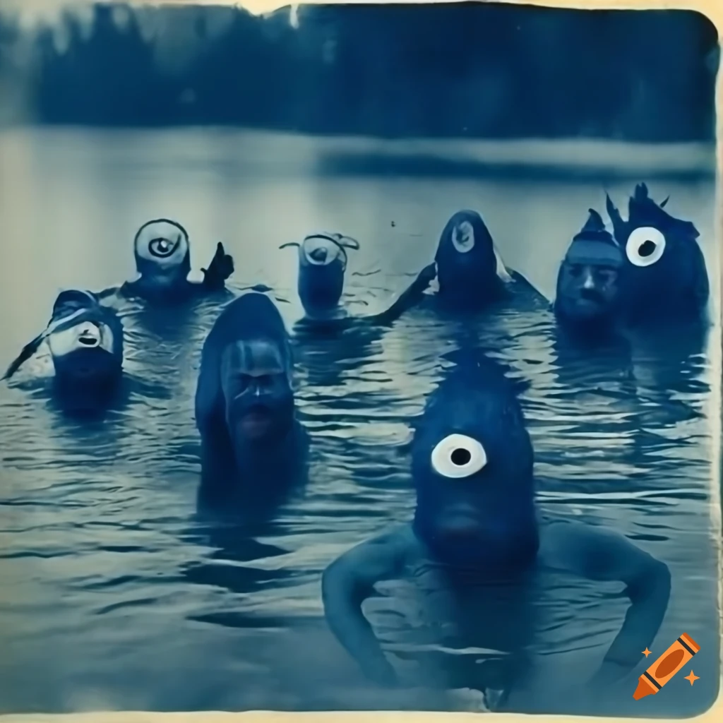 Cyanotype of cult members swimming in a river on Craiyon