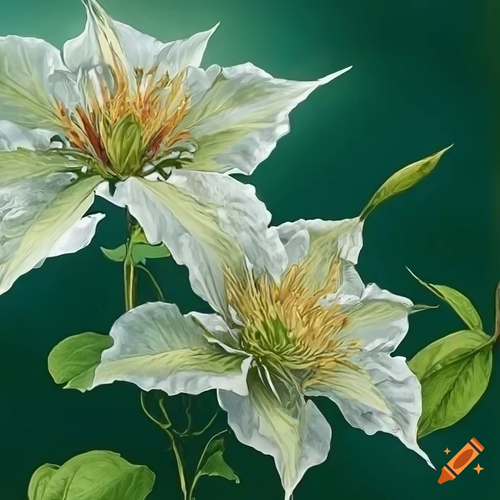 Artistic drawing of clematis flowers on a white backdrop on Craiyon