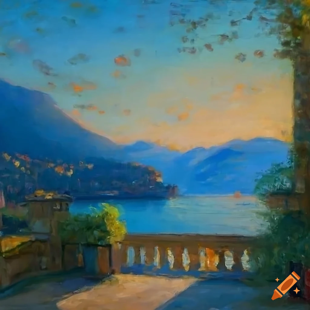 Impressionist painting of a charming patio overlooking Lake Como on Craiyon