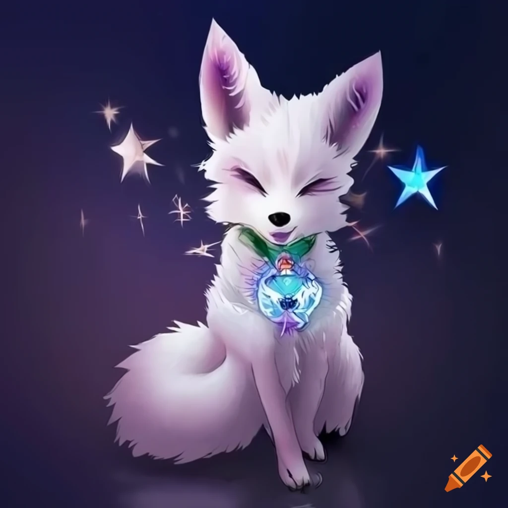 Captivating nine-tailed white fox with star-shaped collar on Craiyon