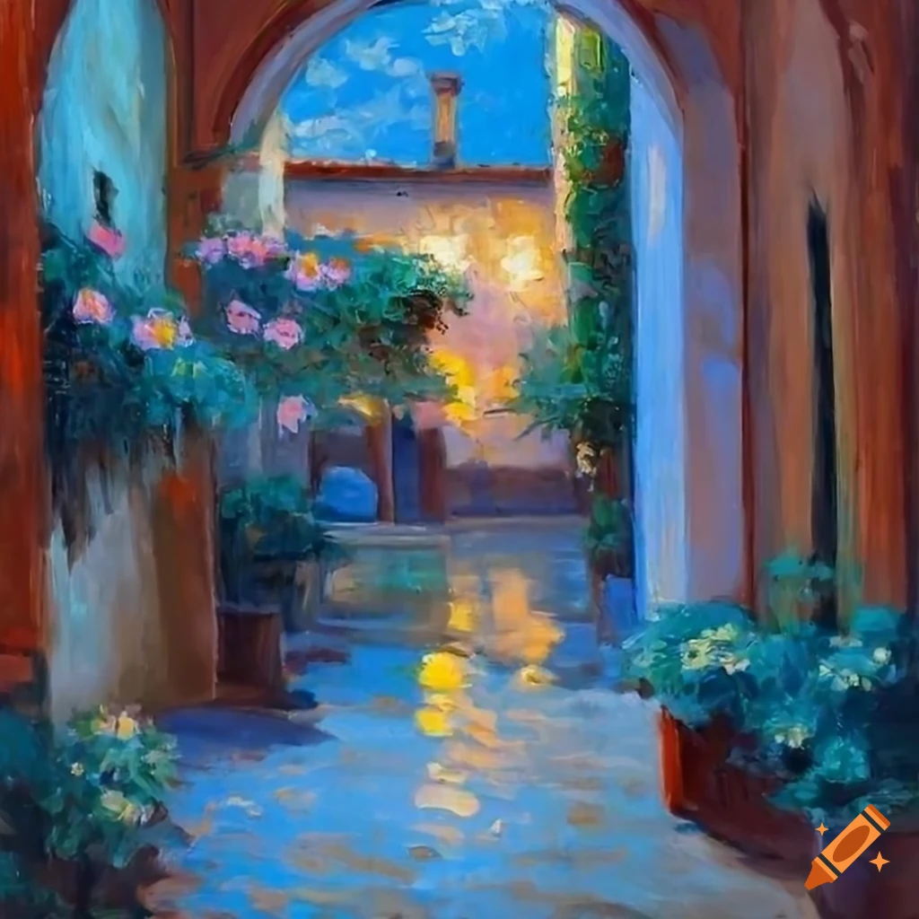Impressionist painting of a small Italian house with a beautiful ...