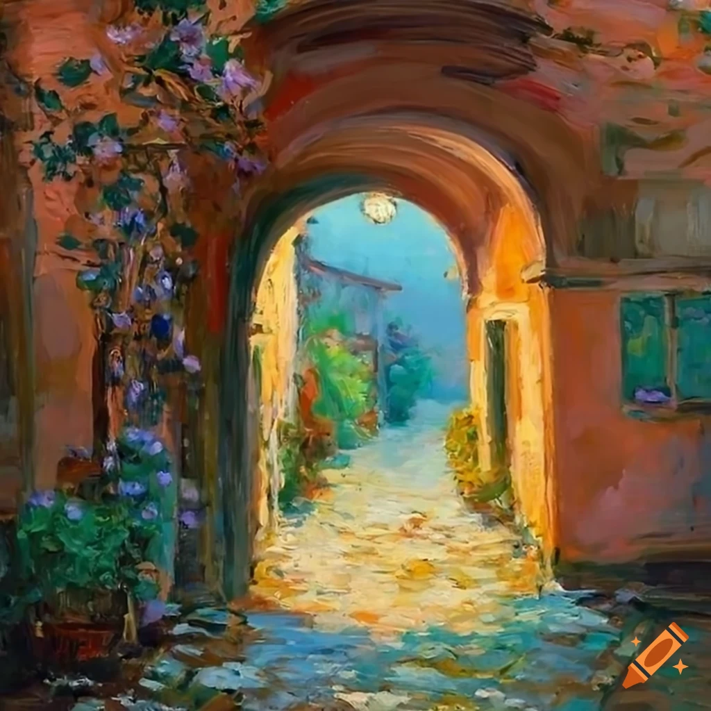 Impressionist painting of a charming Italian house with courtyard on ...