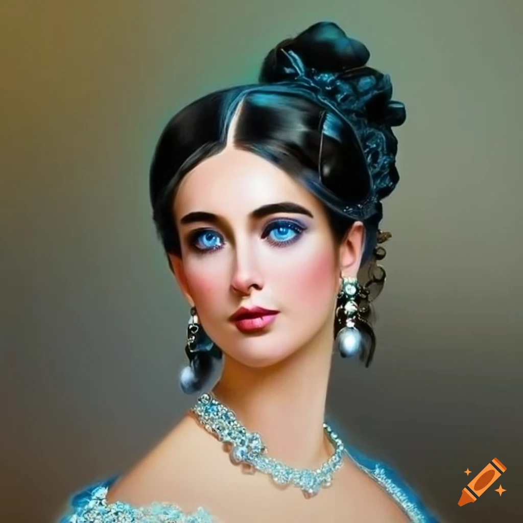 Portrait of a black-haired blue-eyed lady from the 1850s on Craiyon