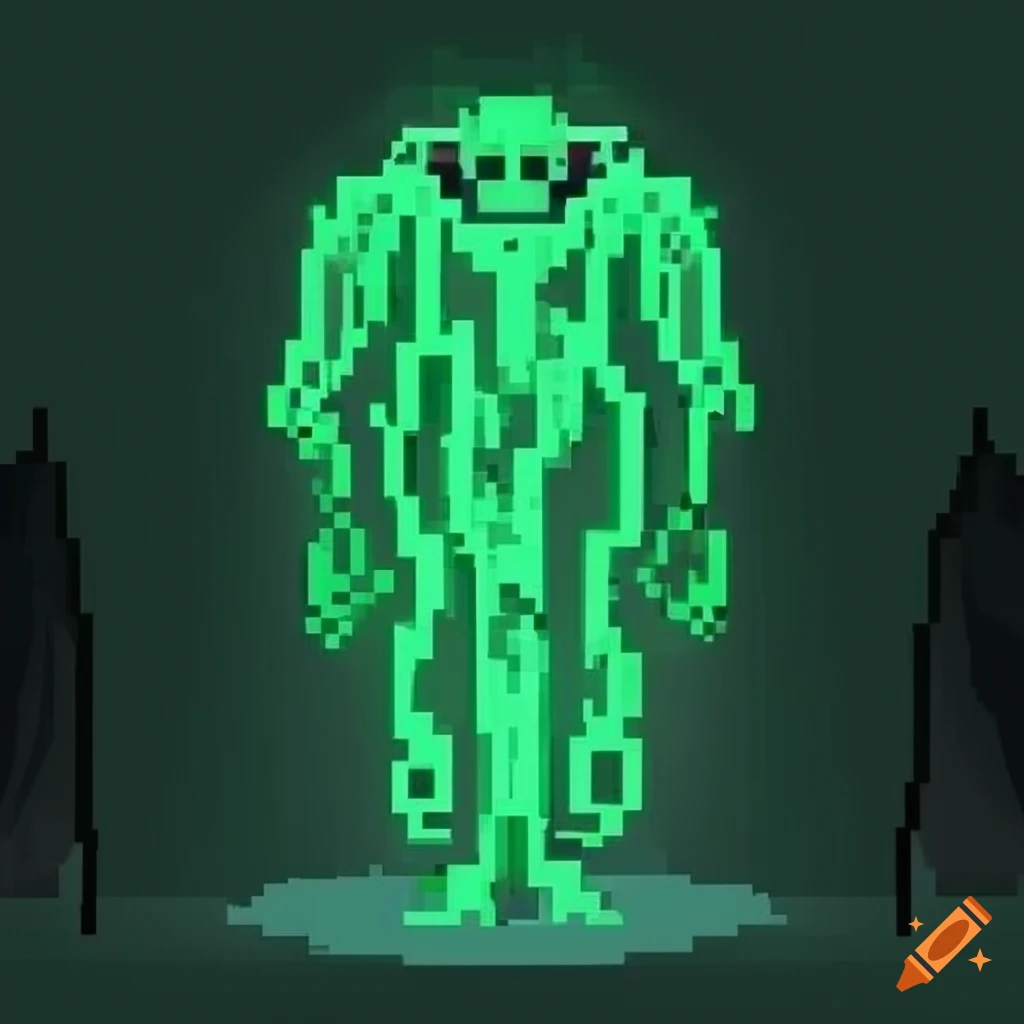 Neon pixel art of a giant ghost figure on Craiyon