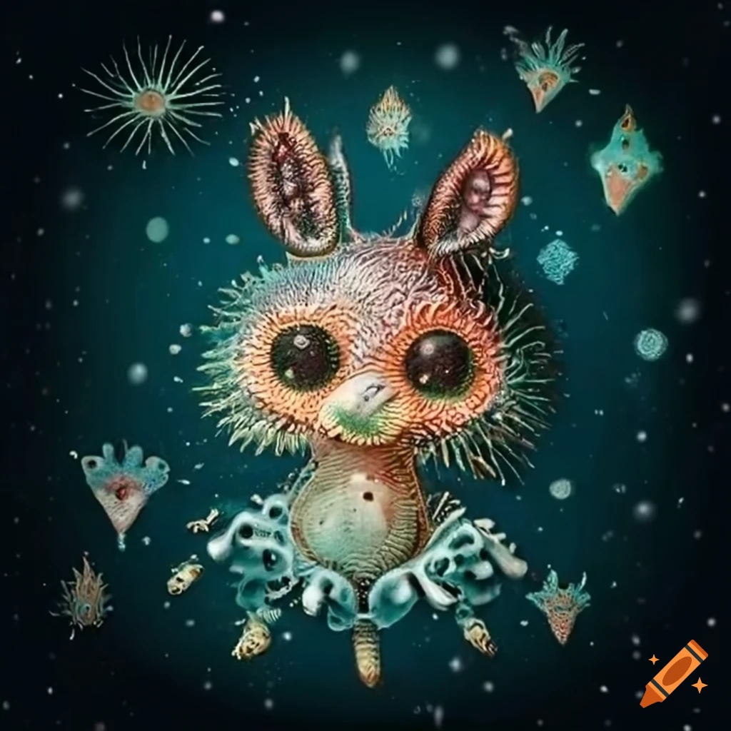 Haeckel-inspired illustration of cute creatures in the snow