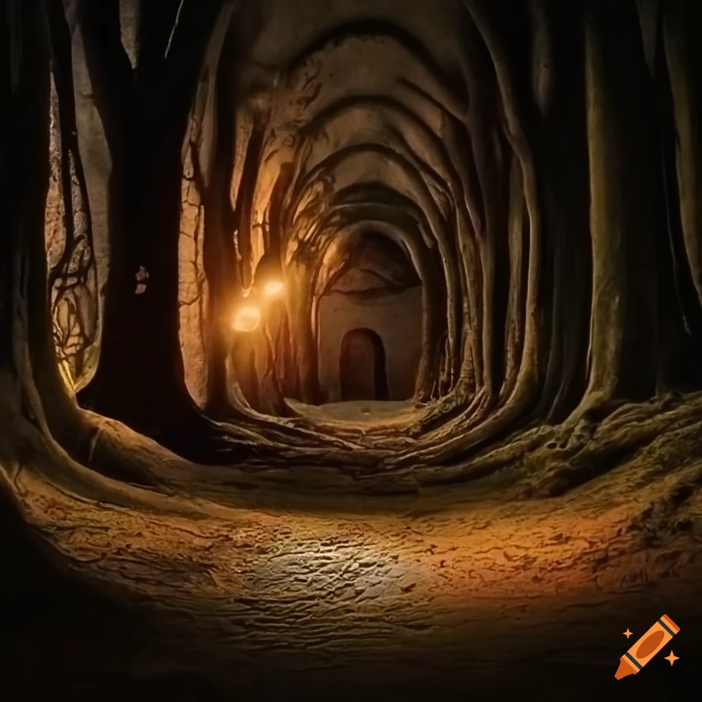 Inside a large and dark themed tree house on Craiyon