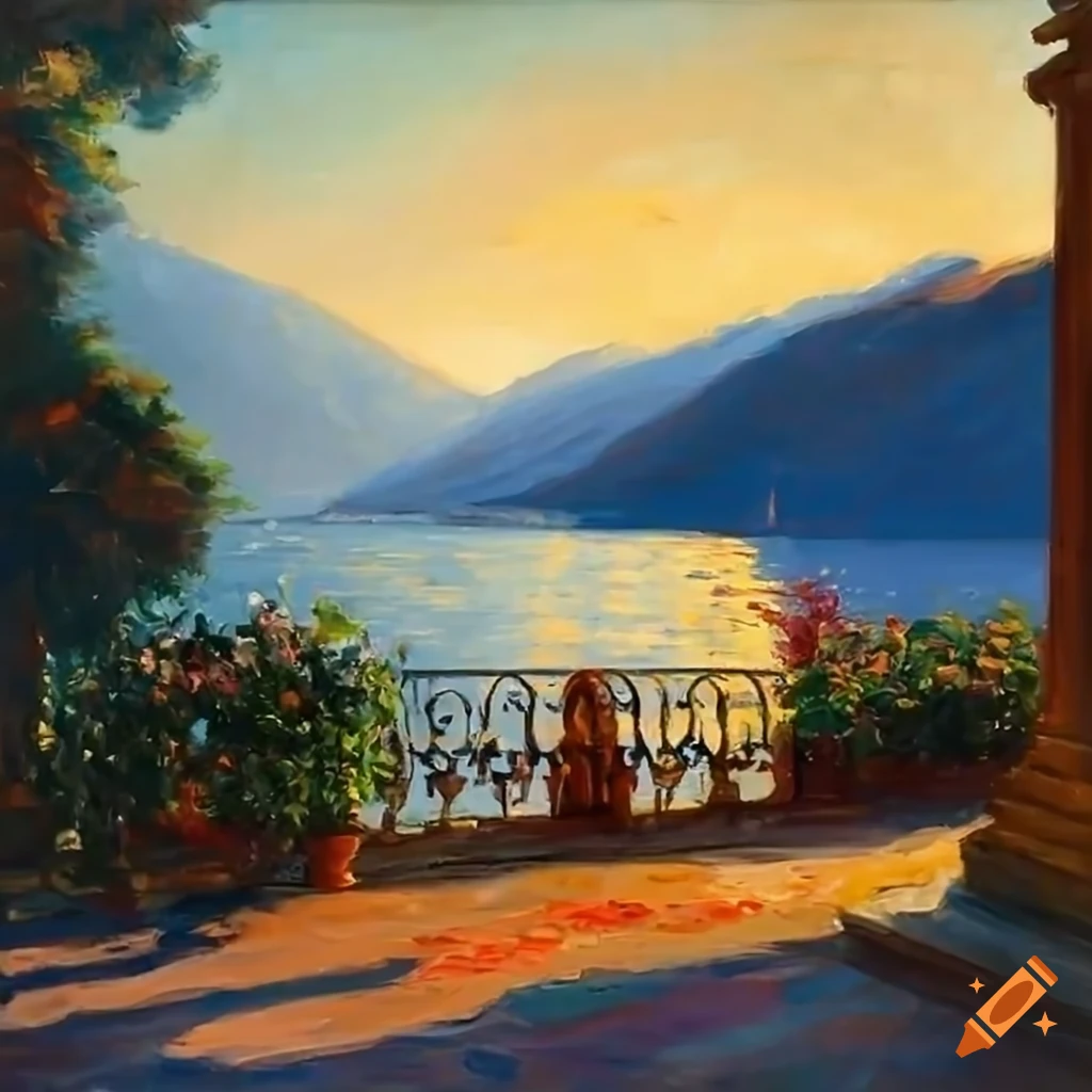 Impressionist painting of a cozy patio overlooking lake como on Craiyon