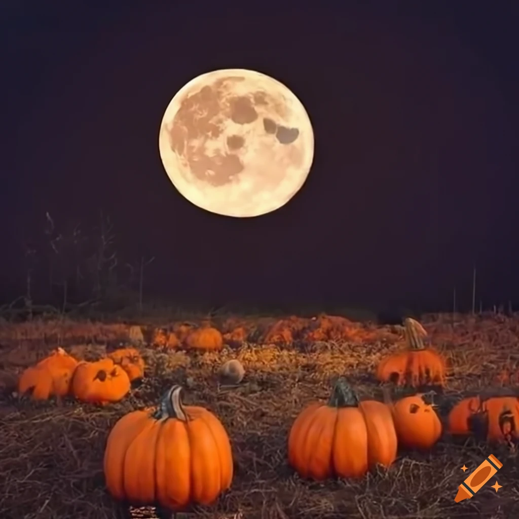 Spooky pumpkin patch at night with glowing jackolanterns