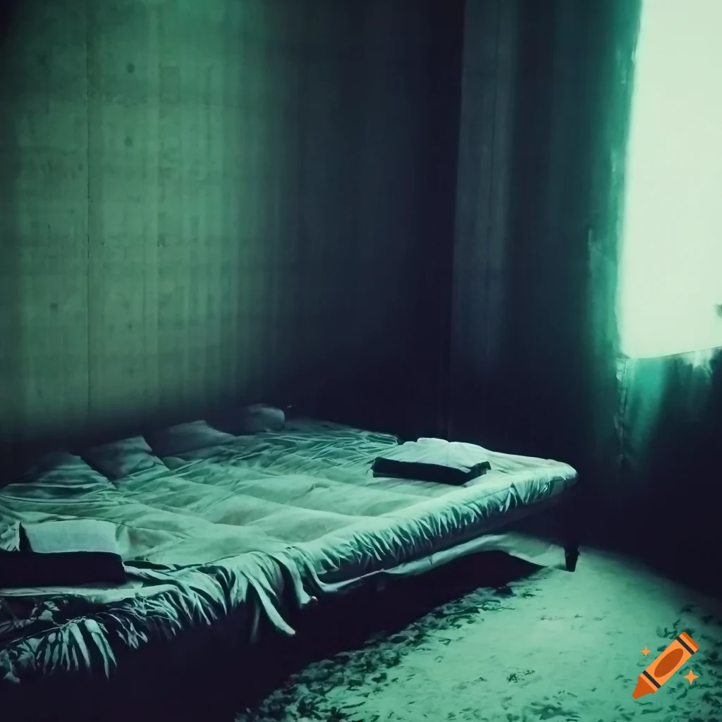 Nineties bedroom grunge style with messy bed, music system, and posters ...