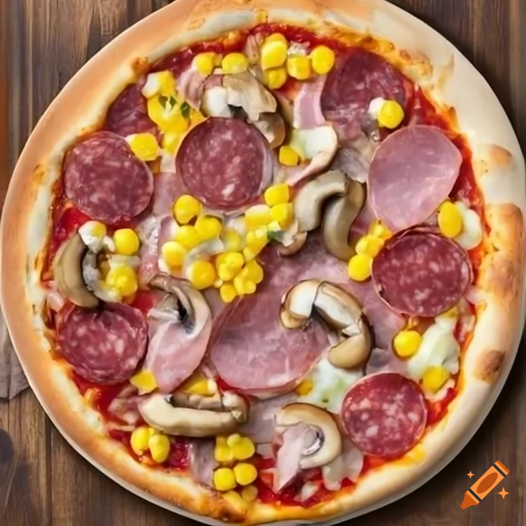 Mouth-watering pizza with salami, ham, mushrooms, and corn toppings on Craiyon