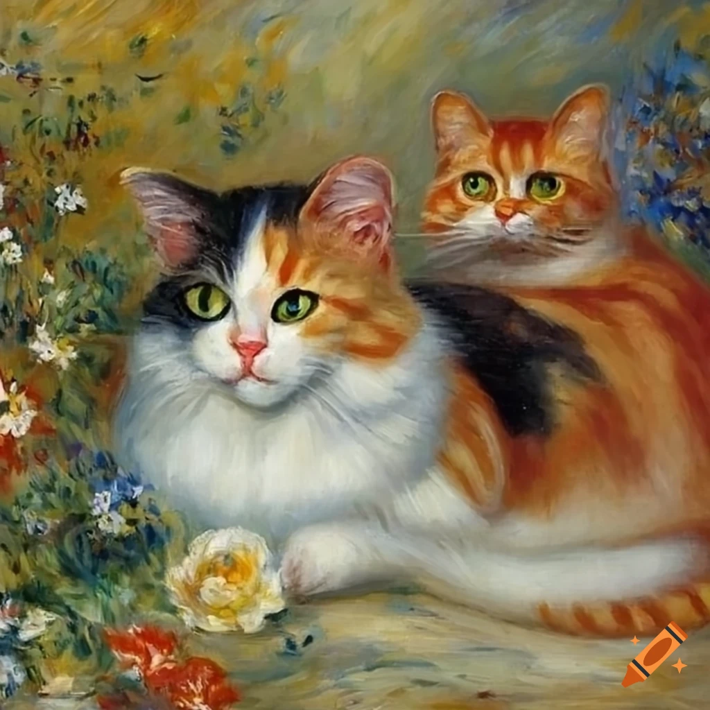 Renoir oil painting of two cats in a field of flowers on Craiyon