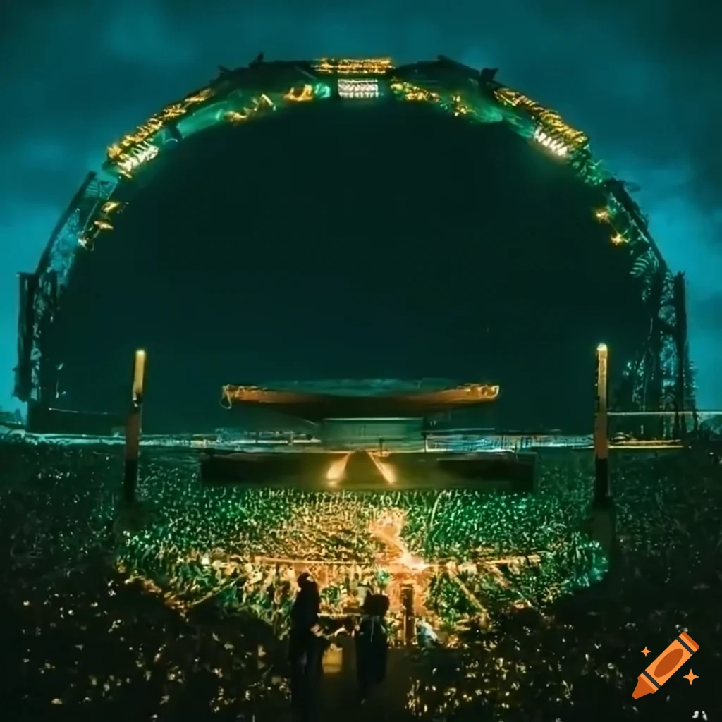 Ethereal Hozier stadium tour stage with whimsical woods theme on Craiyon