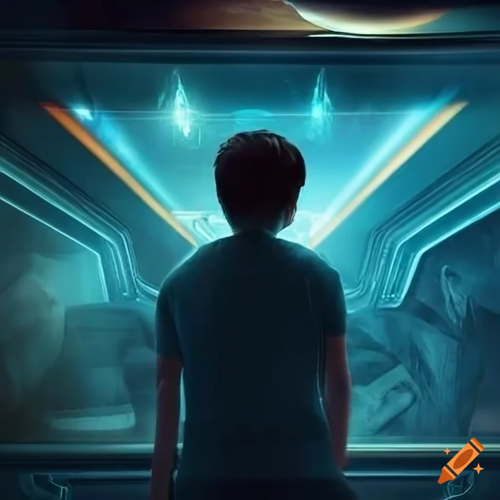 Young man looking at a spaceship and aliens through a window on Craiyon