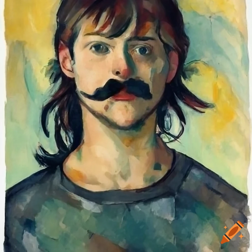 Portrait of a man with mullet and moustache in Cezanne style on Craiyon