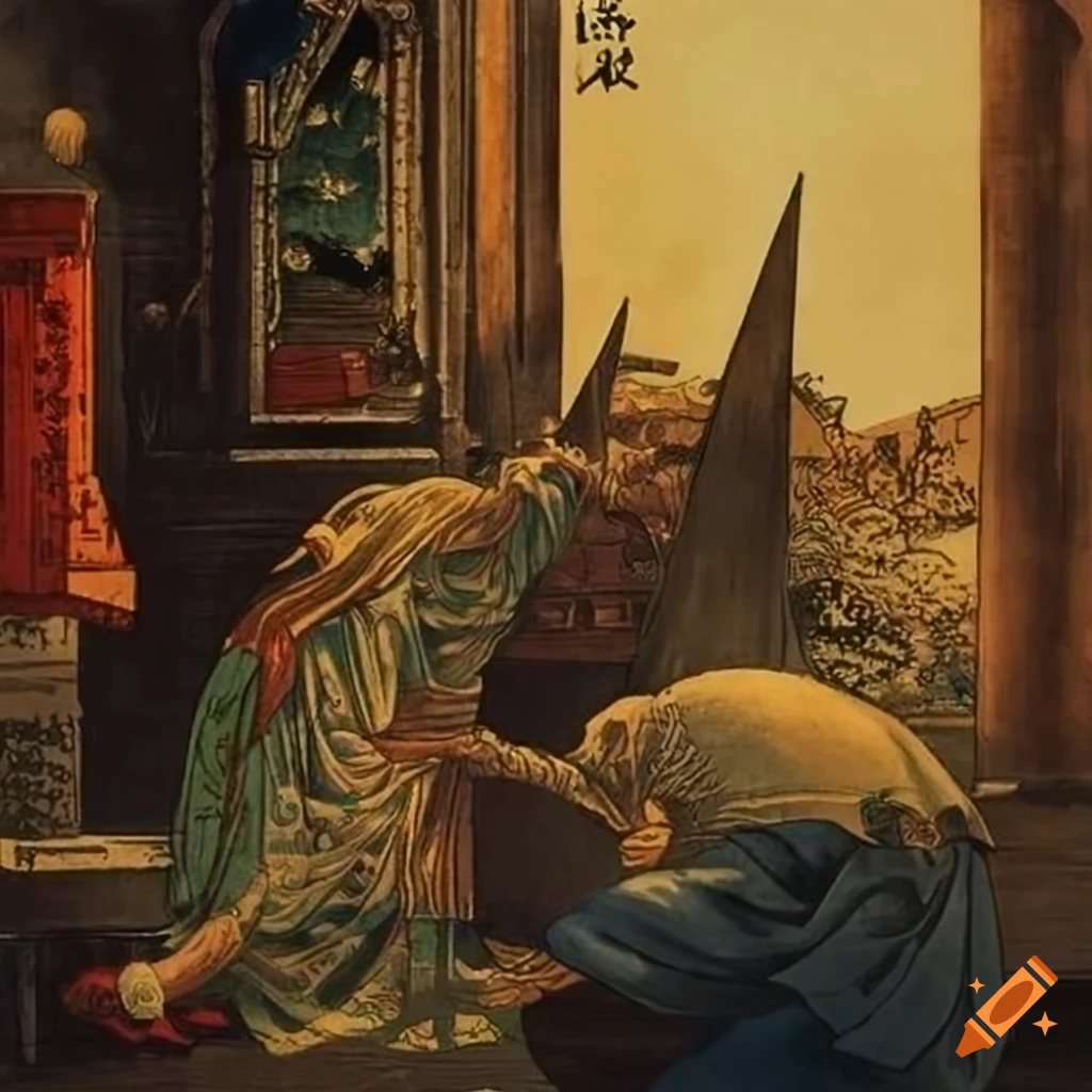 Ukiyo-e woodblock print of an artist-magician at work on Craiyon