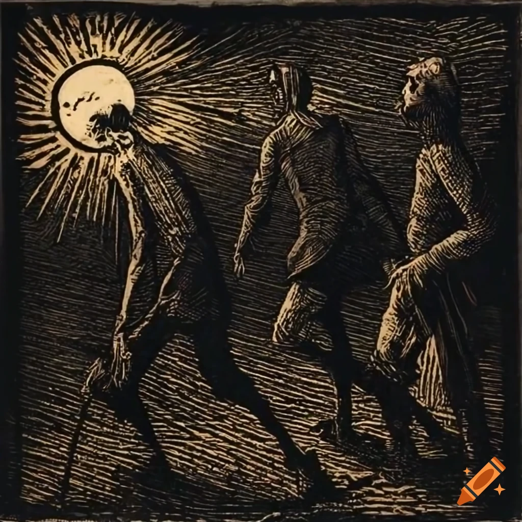 Woodcut etching of broken men walking towards a black sun on Craiyon