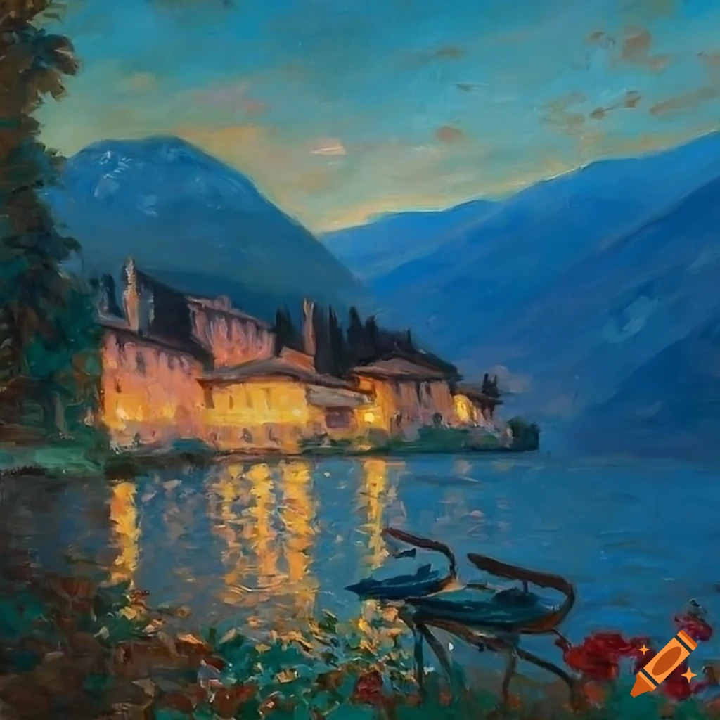 Impressionist painting of a cozy patio overlooking Lake Como on Craiyon