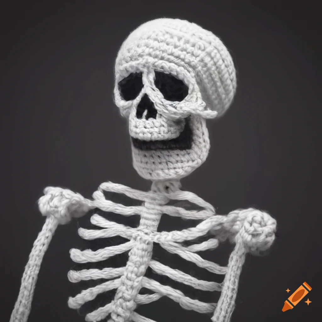 Crocheted skeleton in black and white on Craiyon