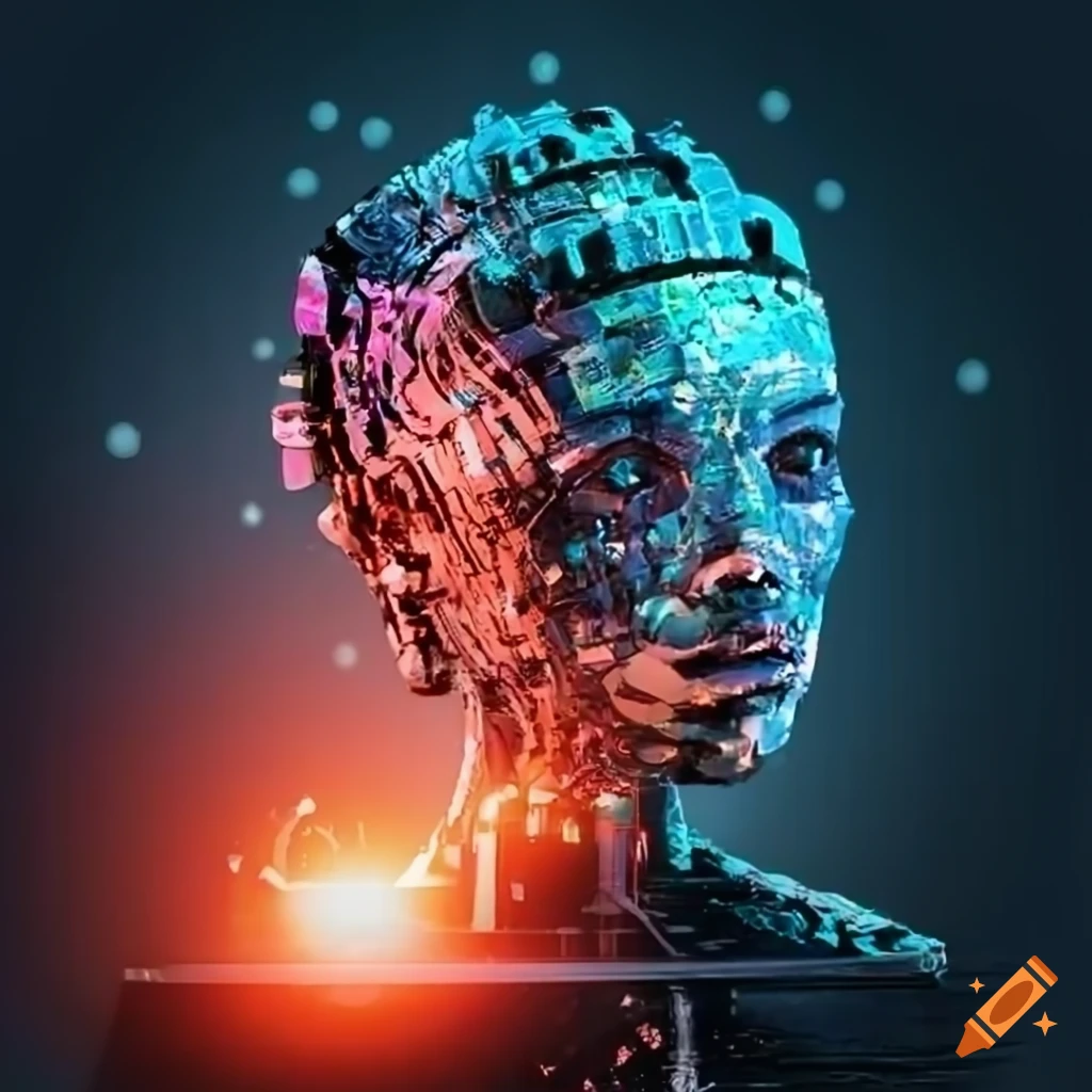 Abstract futuristic transparent face with a solid spirit inside amidst ...