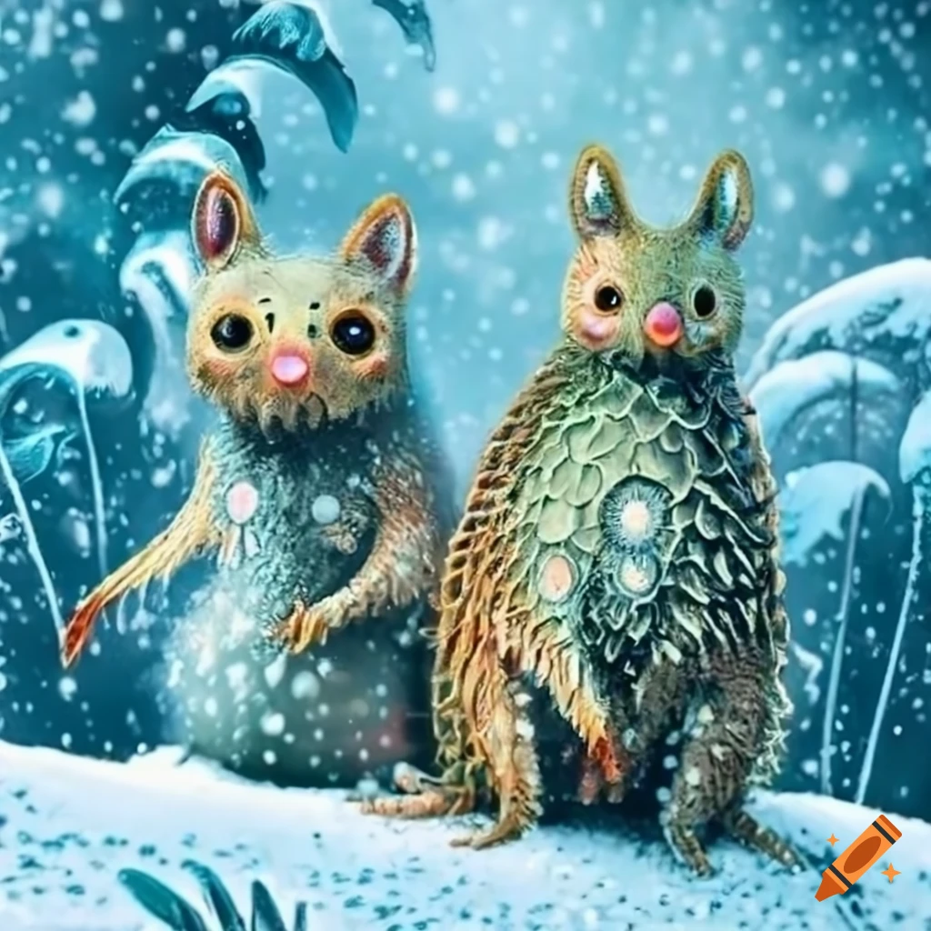 Artistic depiction of cute creatures in snowy village on Craiyon