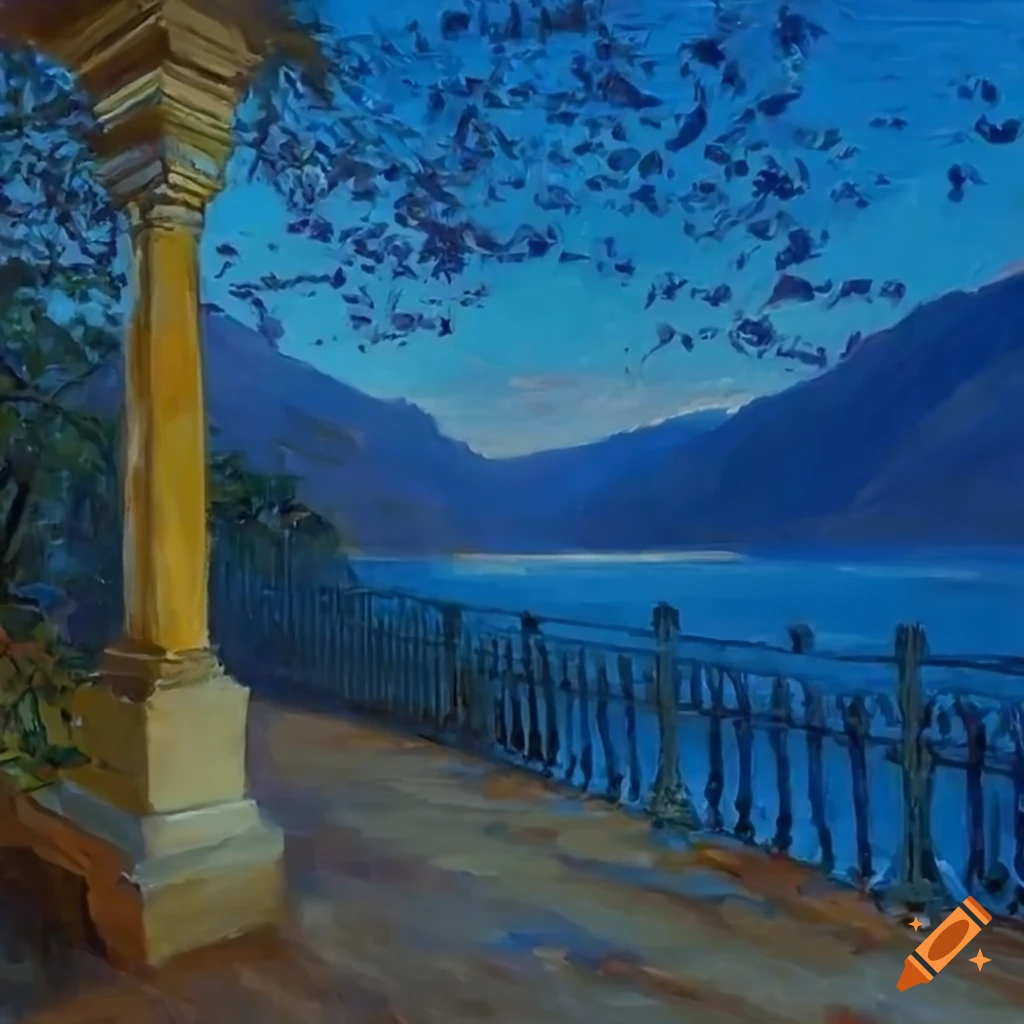 Impressionist painting of a cozy patio overlooking Lake Como on Craiyon