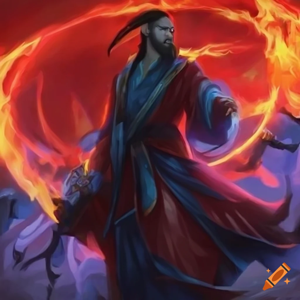 Artwork of an asian elf male with fire sorcery