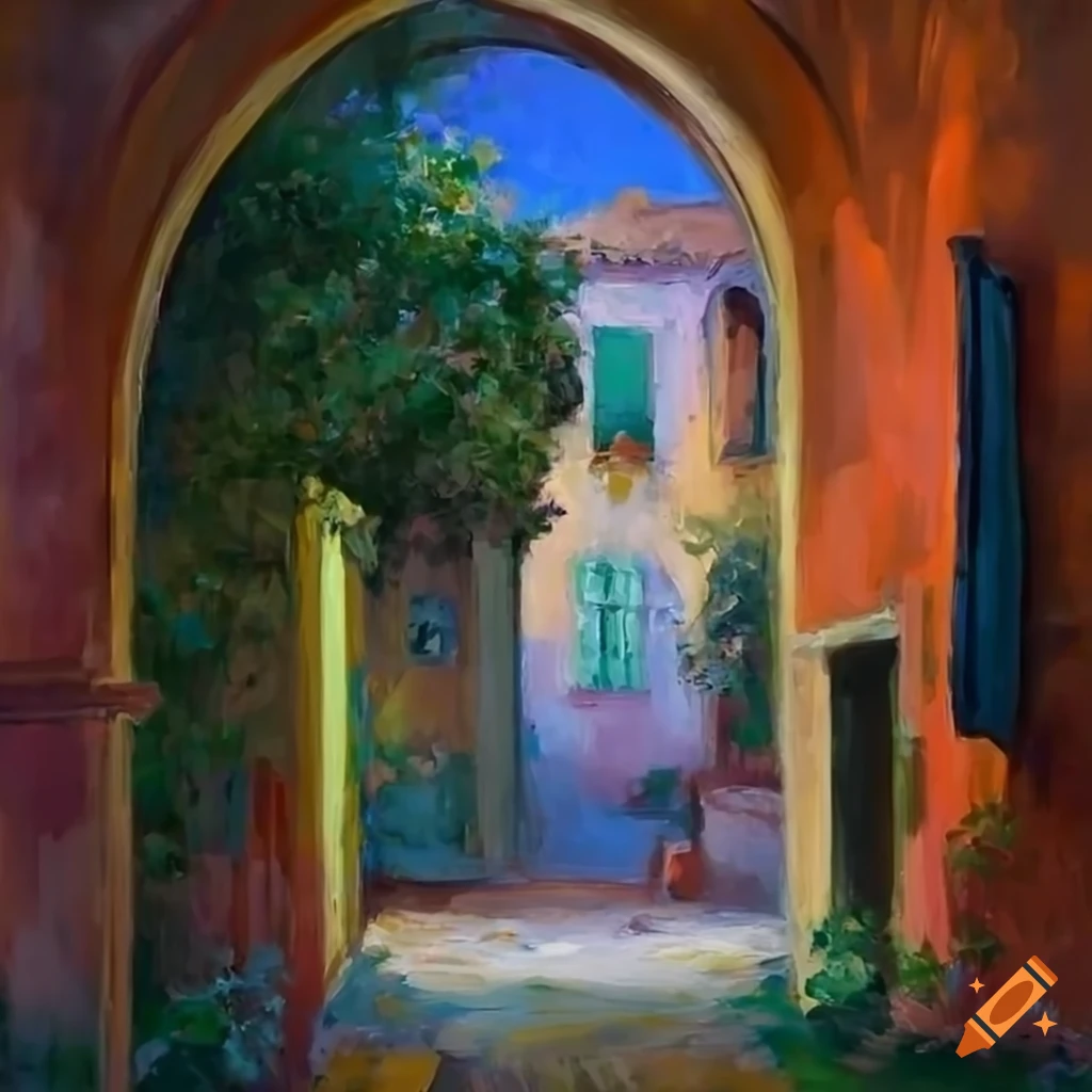 Impressionist painting of a charming Italian house with courtyard on ...