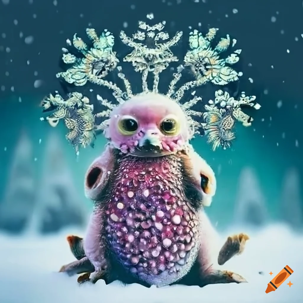 Haeckel-inspired illustration of cute creatures in the snow on Craiyon