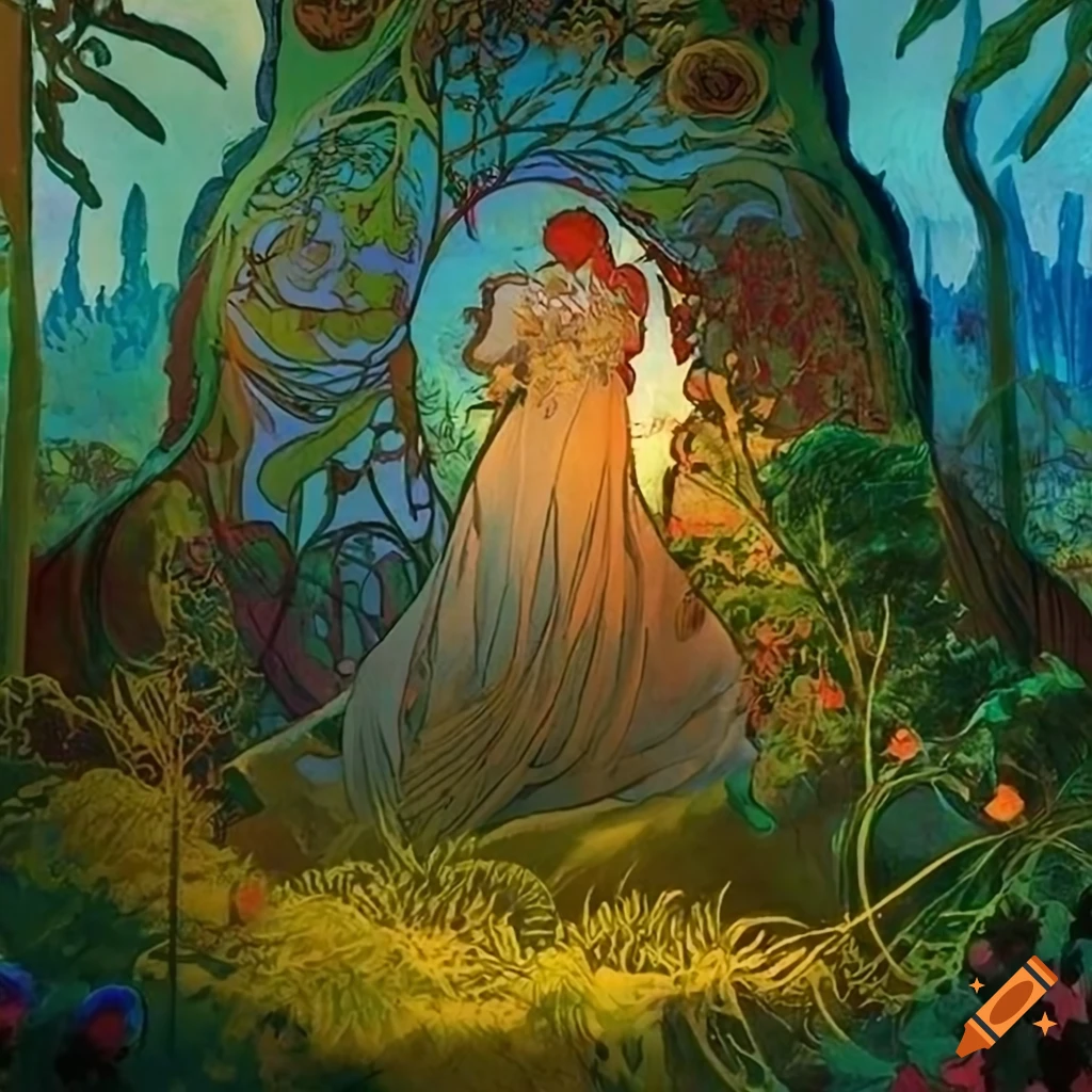 Botanical landscape inspired by Alphonse Mucha on Craiyon