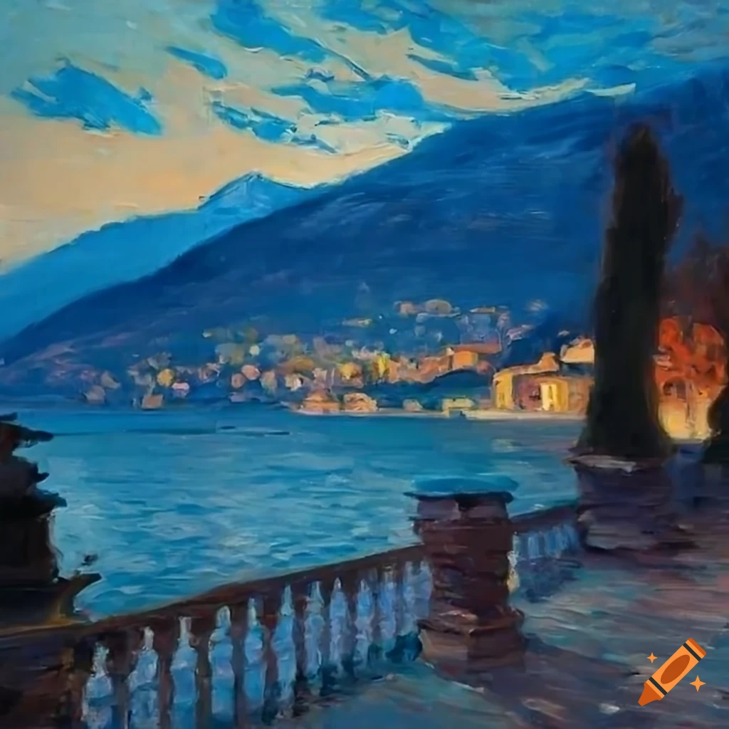 Impressionist painting of a patio overlooking lake como on Craiyon