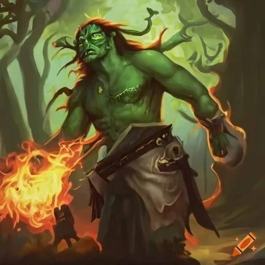 Flaming fist green merfolk shaman in the woods on Craiyon