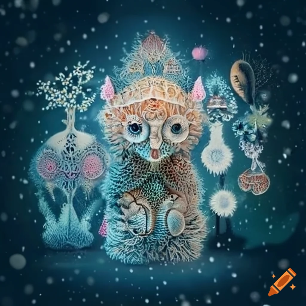 Artistic depiction of cute creatures in snowy village on Craiyon