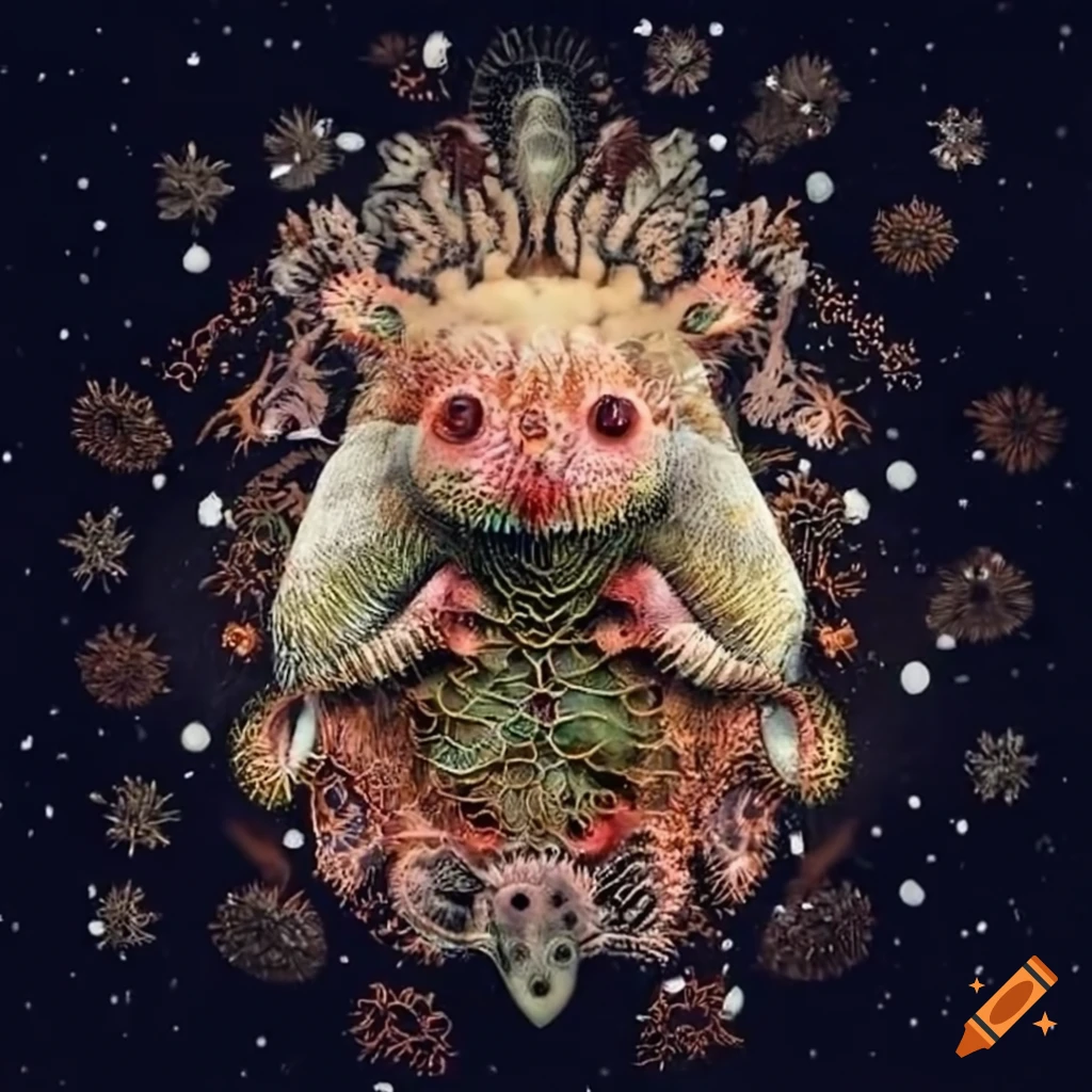Haeckel-inspired artwork of cute creatures in the snow
