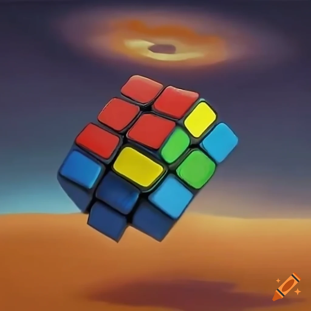 Rubiks cube floating in the night desert
