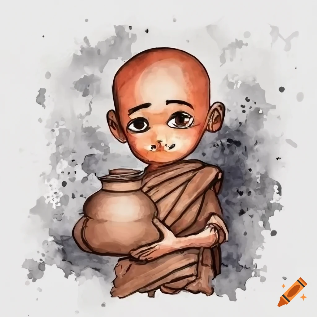 Charming pixar-style illustration of a young bald monk in an indian ...