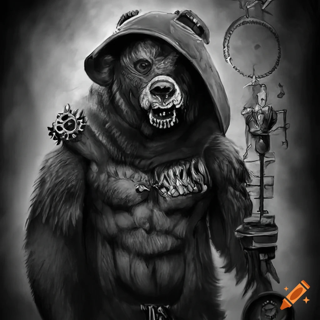 Detailed pencil drawing of a bear with steampunk glasses on Craiyon