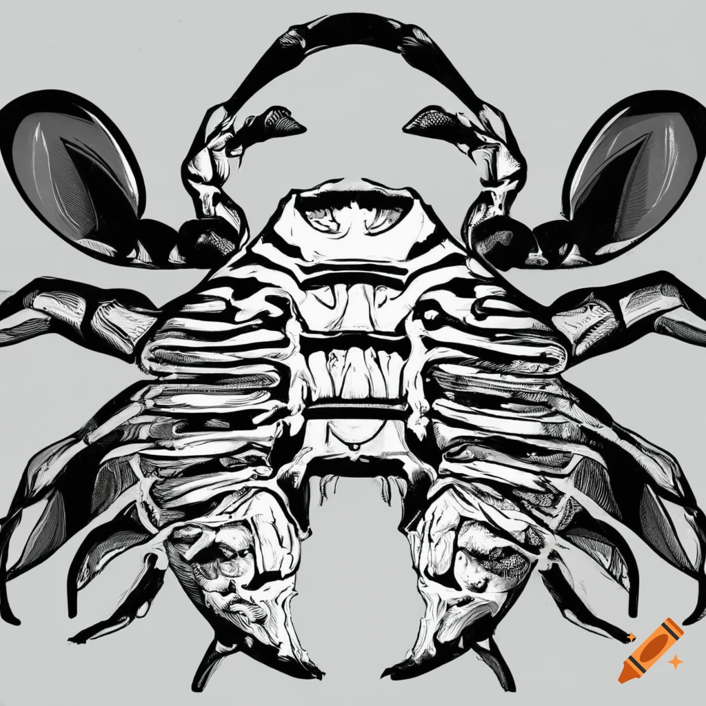 Black and white illustration of a scorpion on a skull head on Craiyon