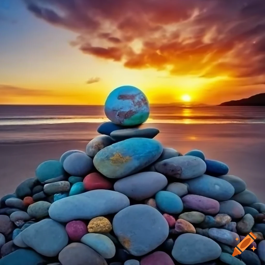 Sunset beach rock art with balanced stone ball on Craiyon