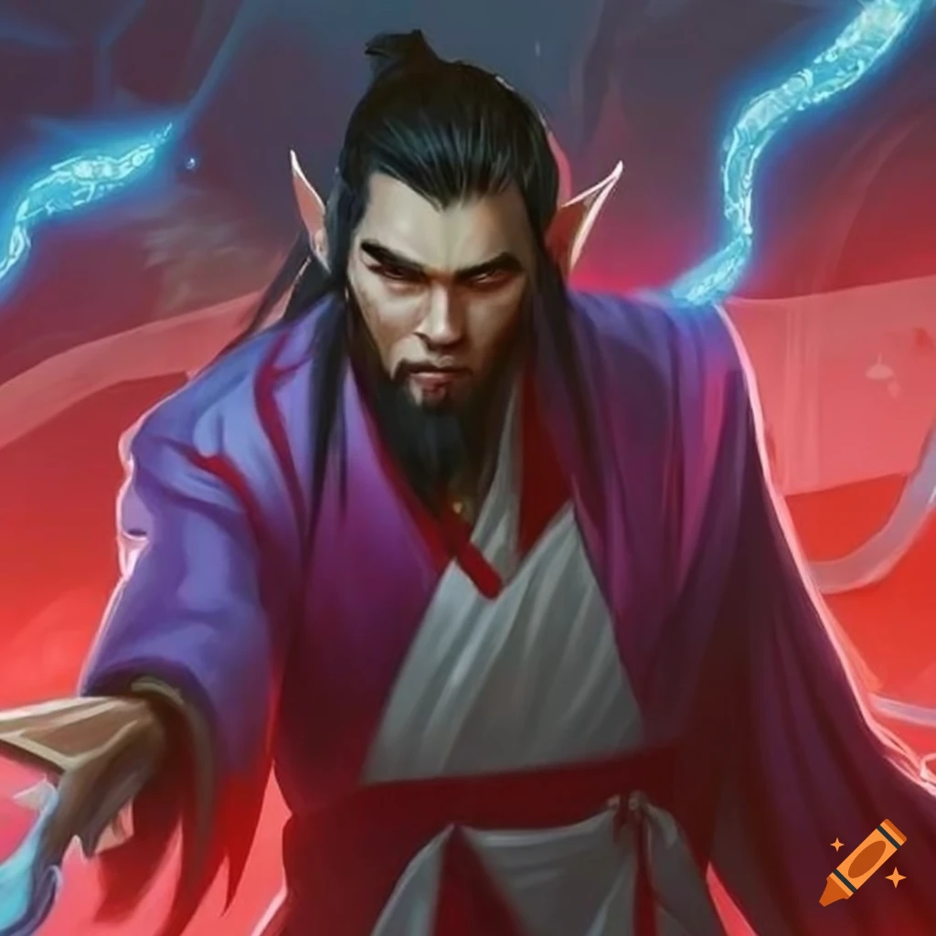 Blood moon with an asian elf male in ancient chinese robes on Craiyon