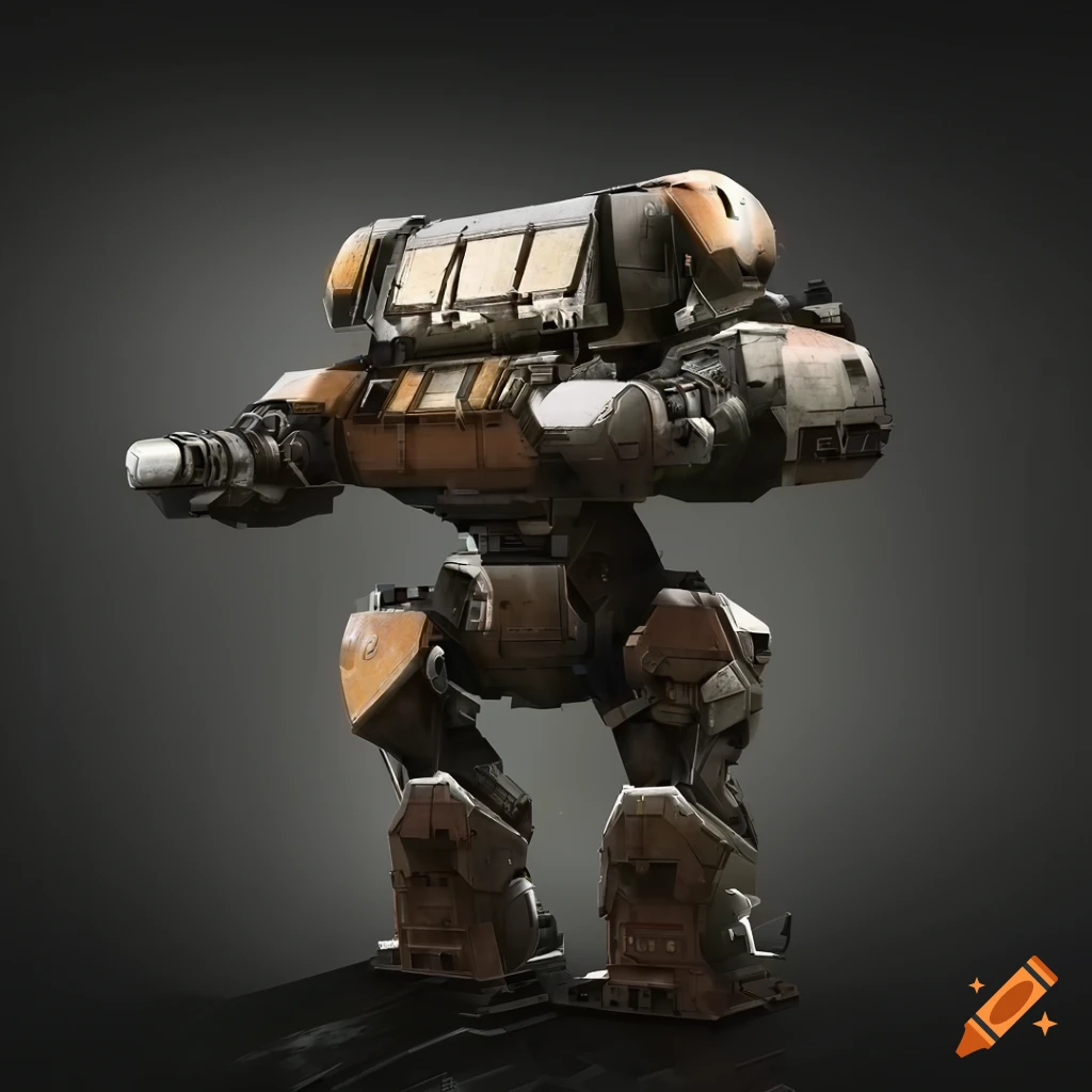 Photorealistic image of a military sci-fi freight robot in space